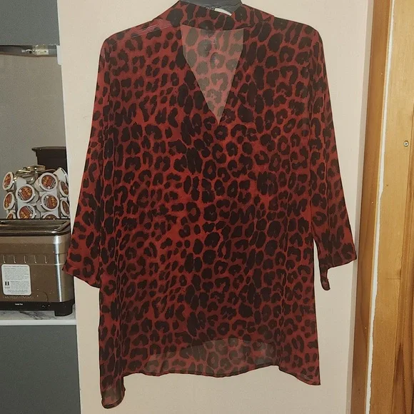 Avon | Tops | Avon Leopard Print Semi Sheer Button Down Blouse Red ...